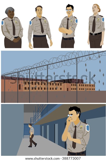 Illustrated cast of diverse prison guards
