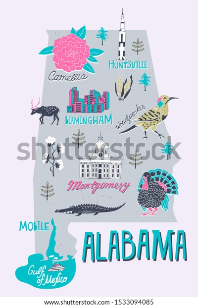 Illustrated Map Alabama State Usa Travel Stock Vector (Royalty Free ...
