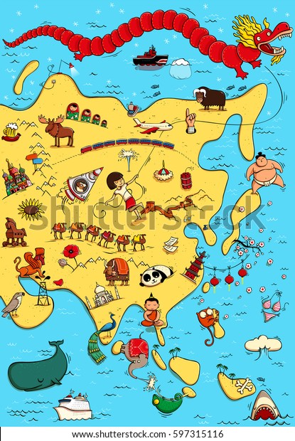Illustrated Map Asia Funny Typical Objects Stock Vector (Royalty Free ...