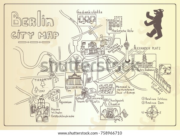 Illustrated map of Berlin, Germany. Doodle sketch map. Illustrations of ...