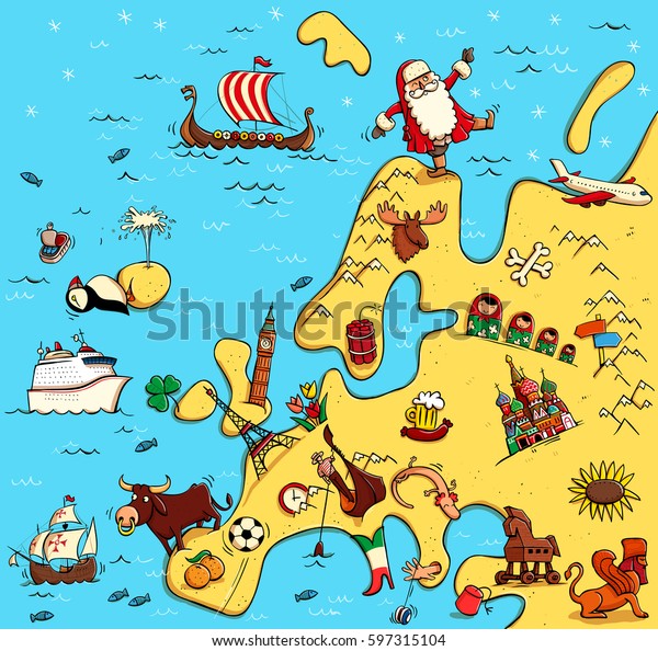 Illustrated Map of Europe. With funny and typical objects, people ...