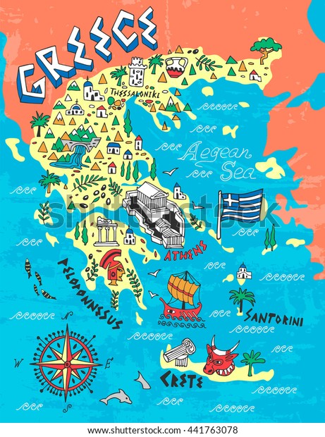 Illustrated Map Greece Travels Stock Vector (Royalty Free) 441763078