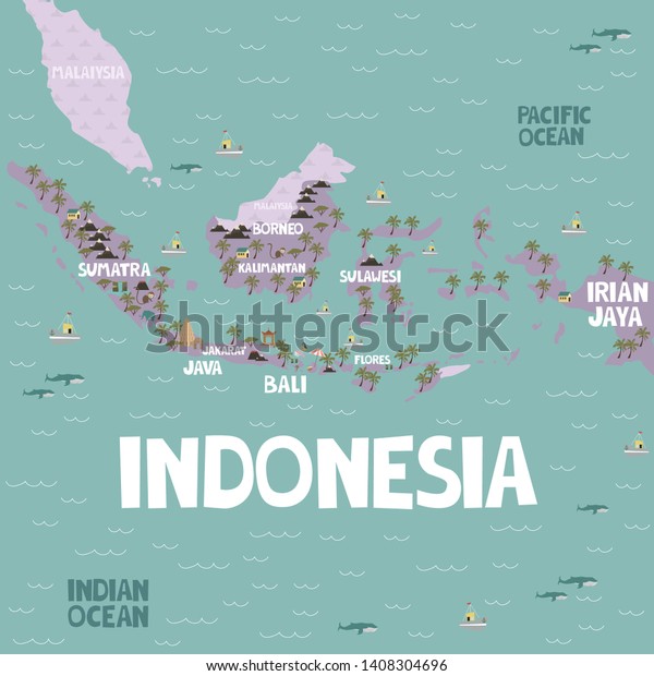Illustrated map of Indonesia with cities and landmarks. Editable vector ...