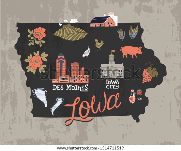 Illustrated Map Iowa State Usa Travel: vector de stock (libre de ...