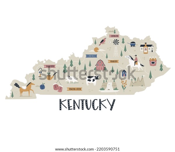 Illustrated Map Kentucky State Landmarks Symbols: เวกเตอร์สต็อก (ปลอด ...