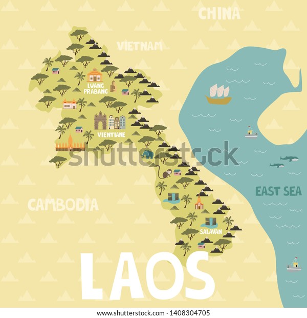 Illustrated Map Laos Cities Landmarks Editable 库存矢量图（免版税）1408304705 ...