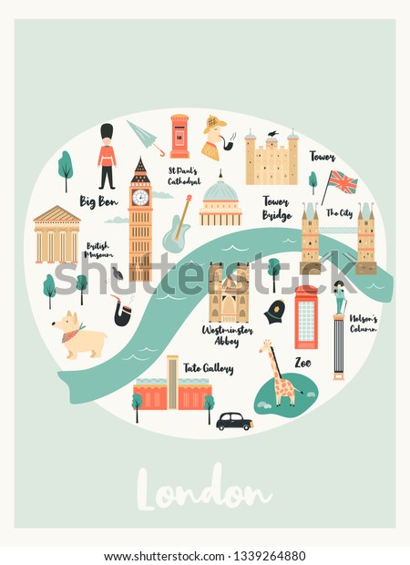 Illustrated Map London Landmarks Characters Symbols 스톡 벡터(로열티 프리 ...