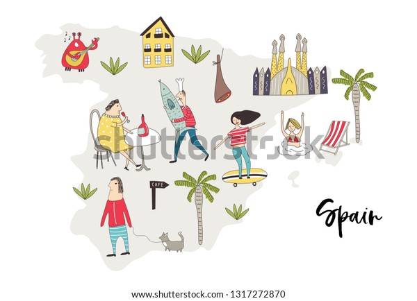 Illustrated Map Spain Cute Fun Hand Stock Vector (Royalty Free ...