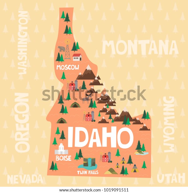 Illustrated Map State Idaho United States Stock Vector (Royalty Free ...