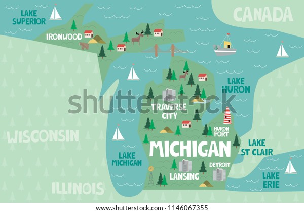Illustrated map of the state of Michigan in United States with cities ...