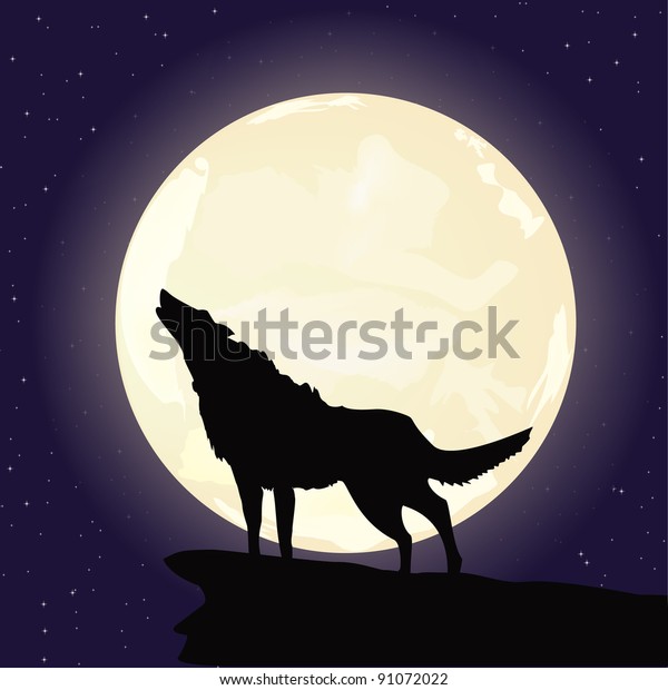 Illustrated Wolf Howling On Rock Full Stock Vector (Royalty Free) 91072022