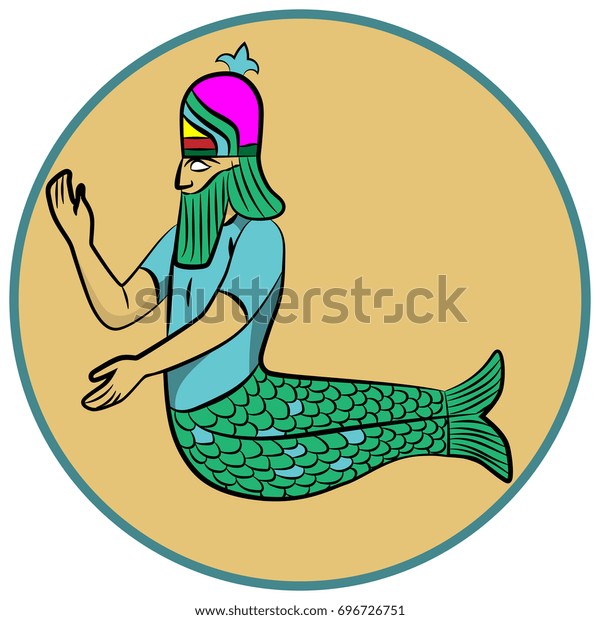 Vektor Stok Illustration Ancient Sumerian Deity Dagon Round (Tanpa ...