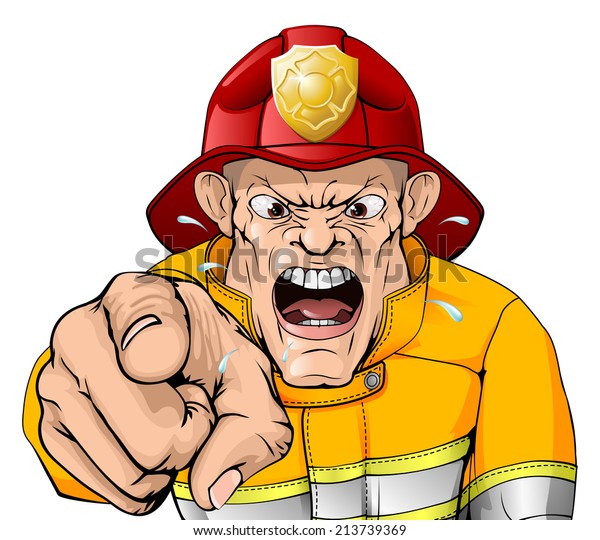 An illustration of an angry shouting fire man pointing at the viewer