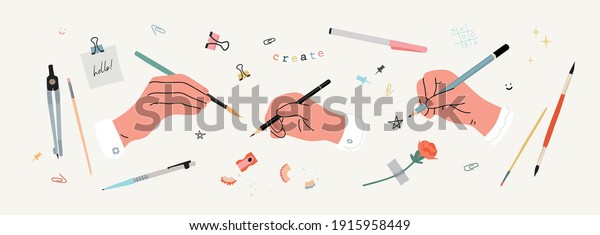 Illustration Art Process Hands Holding Pencil Stock Vector (Royalty ...