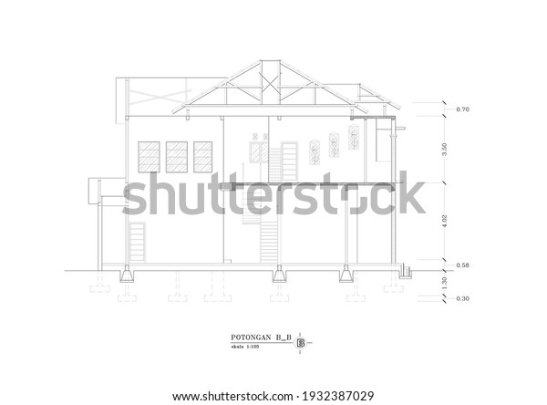 Illustration Autocad Two Storey Front Plan Stock Vector (Royalty Free ...
