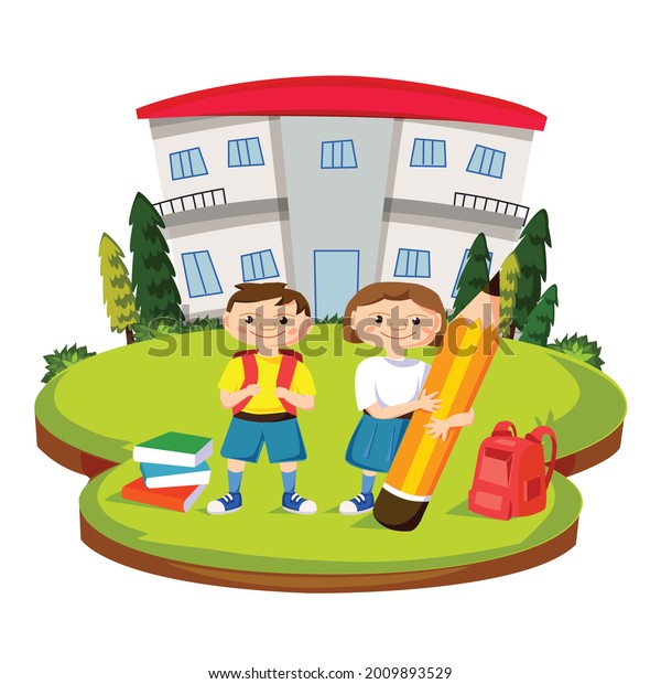 Illustration Back School Students Happily Stand Stock Vector (Royalty ...