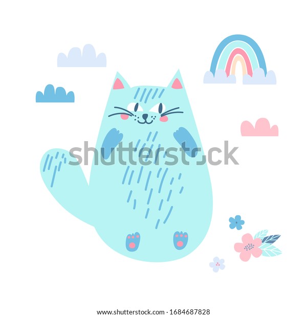 Illustration Blue Sly Happy Cat Rainbow Stock Vector (Royalty Free ...