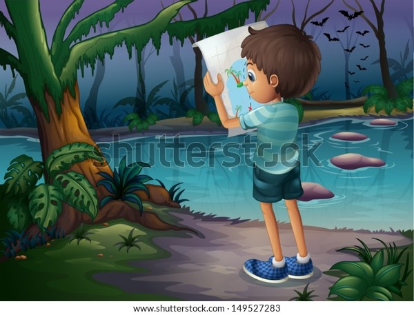 Illustration Boy Map Standing Middle Forest Stock Vector (Royalty Free ...