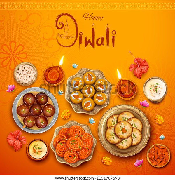 Illustration Burning Diya Assorted Sweet Snack Stock Vector (Royalty ...