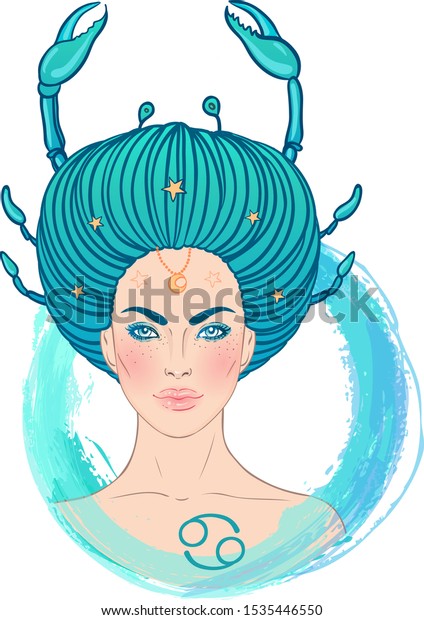 Illustration Cancer Astrological Sign Beautiful Girl 스톡 벡터 로열티 프리