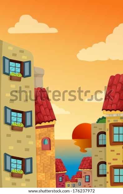 Illustration Cartoon Cityscape Sunset Stock Vector (Royalty Free ...