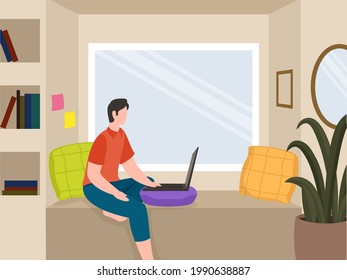 Illustration Cartoon Man Using Laptop Home Stock Vector (Royalty Free ...