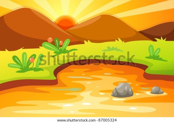 Illustration Cartoon Mountain Sunset Landscape Stock Vector (Royalty ...