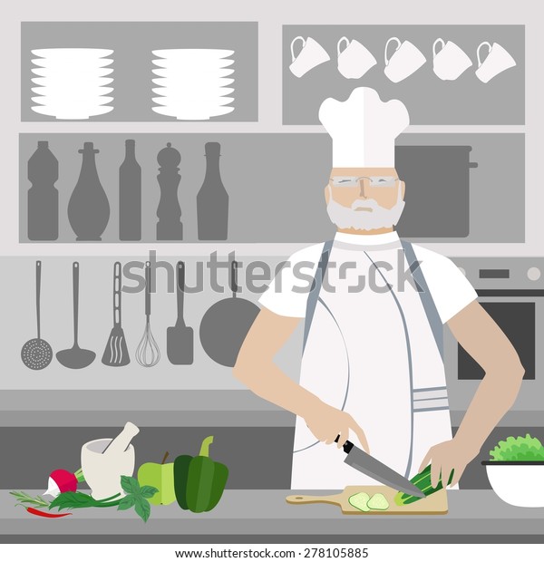 Illustration Chief Cook Kitchen Various Stuff Stok Vektör (Telifsiz ...