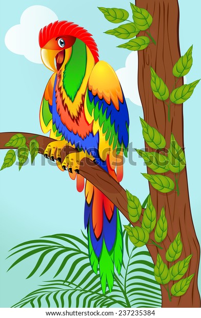 Illustration Colorful Parrot On Tree Branch Stock Vector (Royalty Free ...