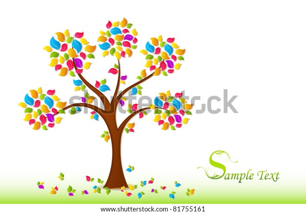 Illustration Colorful Spring Tree On Grassland Stock Vector (Royalty ...