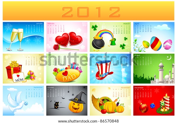 illustration of complete calendar for 2012 showing different holidays