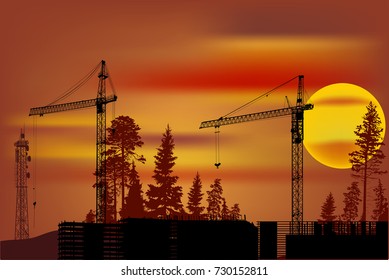 Illustration Construction Building Red Sunset Stock Vector (Royalty ...