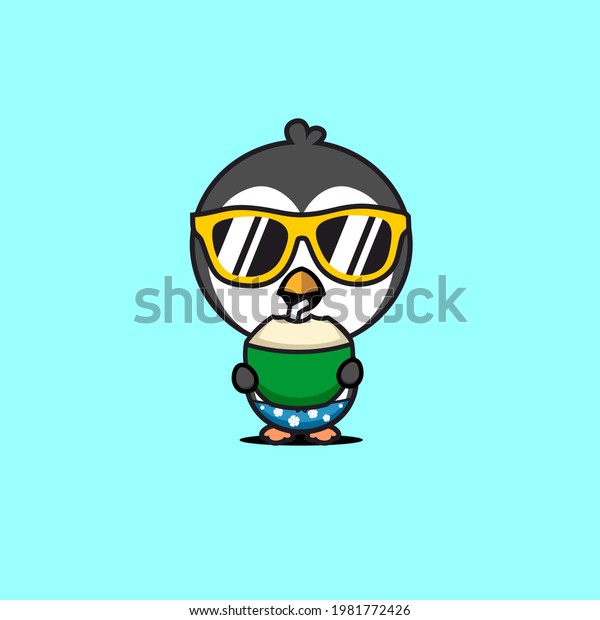 Illustration Cute Penguin Drinking Coconut Water Stock Vector (Royalty ...