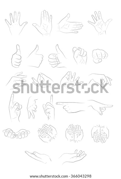 illustration of different hand positions. line art