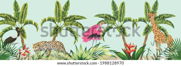 Illustration Different Jungle Animals On Tropical 库存矢量图（免版税）1988128970 ...