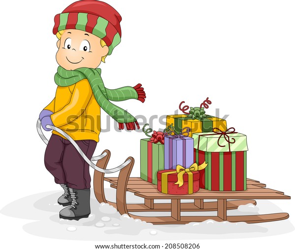 Illustration Featuring Little Boy Pulling Sled Stock Vector (Royalty ...