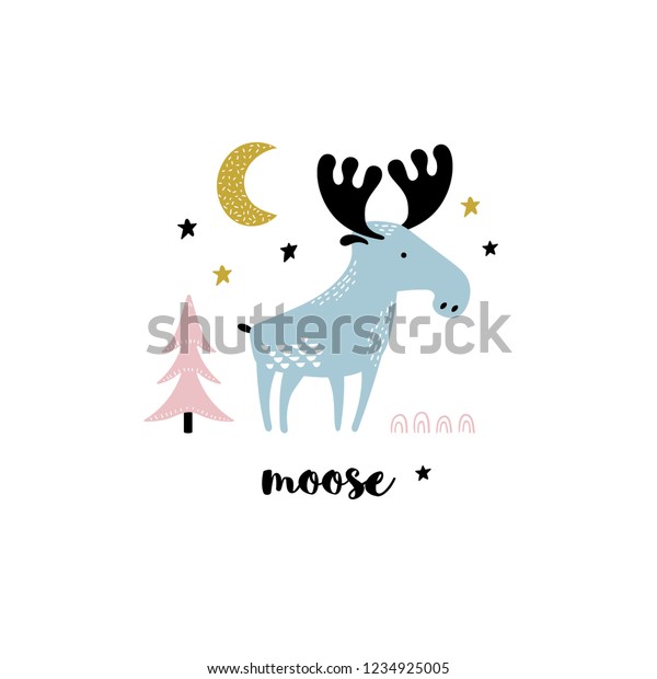 Illustration Funny Cartoon Elk Tree Moon: vector de stock (libre de ...