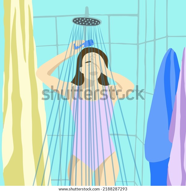 Illustration Girl Taking Shower เวกเตอร์สต็อก ปลอดค่าลิขสิทธิ์