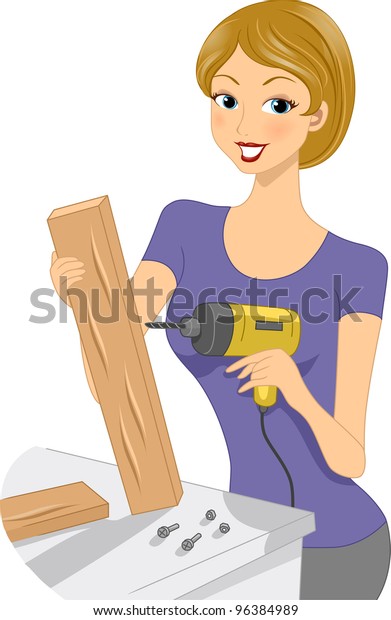 Illustration Girl Using Drill Stock Vector (Royalty Free) 96384989 ...