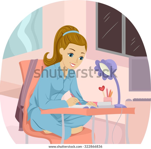Illustration Girl Writing Notes While Studying Stock Vector (Royalty ...