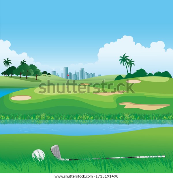 Ilustración de un campo de golf con la ciudad como fondo.