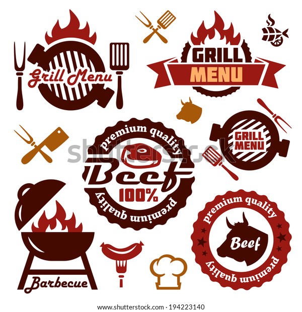Illustration Grill Menu Labels Set Flat Stock Vector (Royalty Free ...