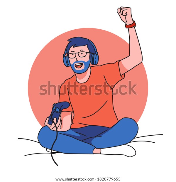 Illustration Happy Man Playing Video Game: เวกเตอร์สต็อก (ปลอดค่า ...