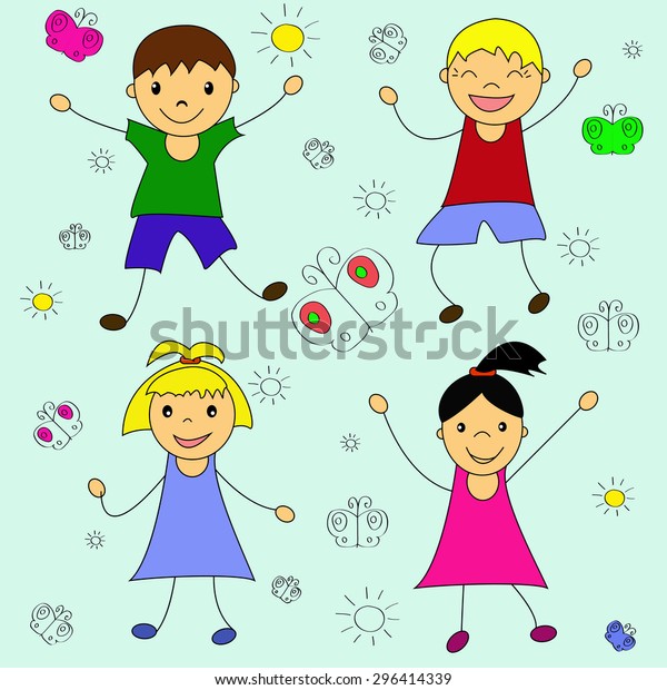 Illustration Happy Summer Kids Vector: เวกเตอร์สต็อก (ปลอดค่าลิขสิทธิ์ ...