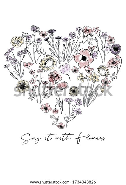Illustration Heart Composed Hand Drawn Flowers Stock Vector (Royalty ...