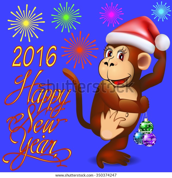 Illustration Holiday Card Dancing Monkey Fireworks Stock Vector ...