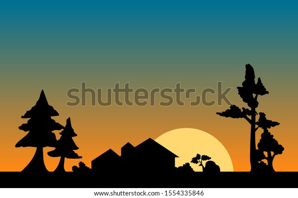 Illustration House Trees Sunset Landscape Scenery Stock Vector (Royalty ...