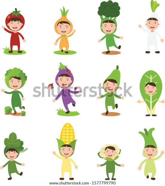 Illustration Isolated Set Costumes Vegetable Kids 스톡 벡터(로열티 프리 ...