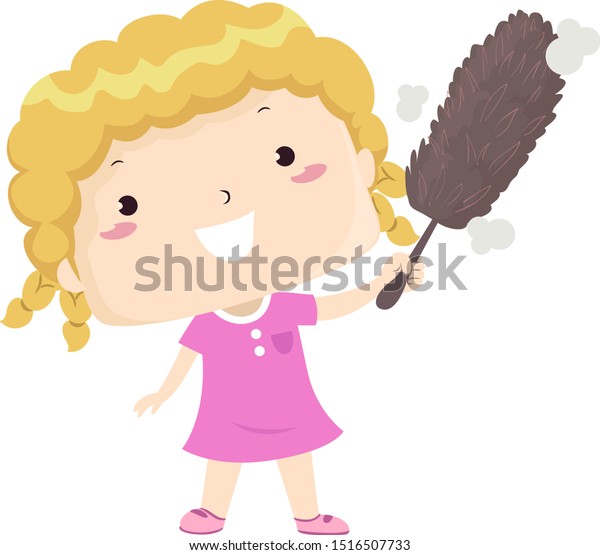 Illustration Kid Girl Using Fluffy Duster Stock Vector (Royalty Free ...