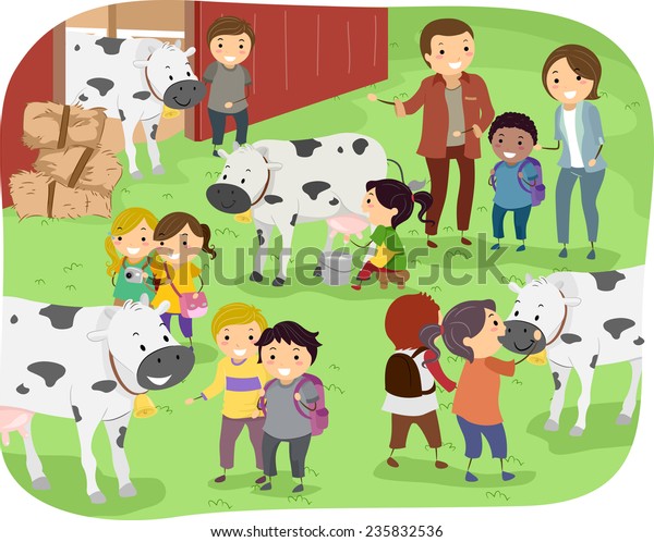 Illustration Kids Checking Out Cows During Stock Vector (Royalty Free ...